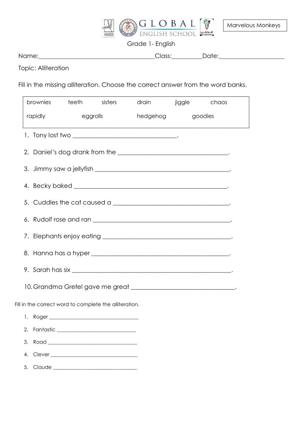 Alliteration Marvelous Monkeys worksheet | Live Worksheets