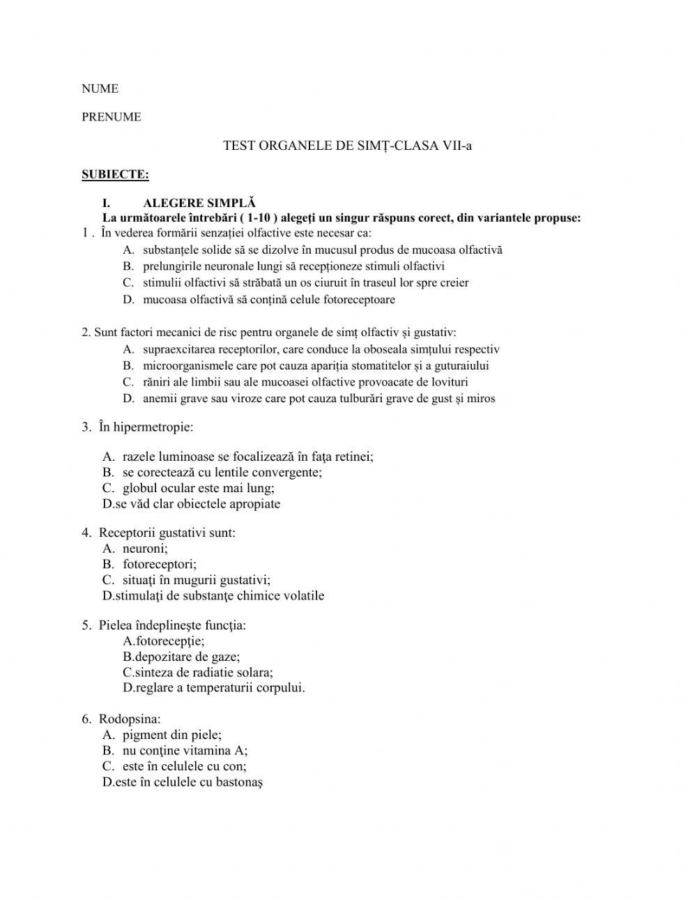 TEST ORGANE DE SIMT online exercise for | Live Worksheets