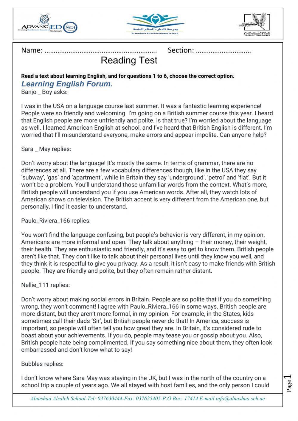 Reading-Learning English Forum online exercise for | Live Worksheets