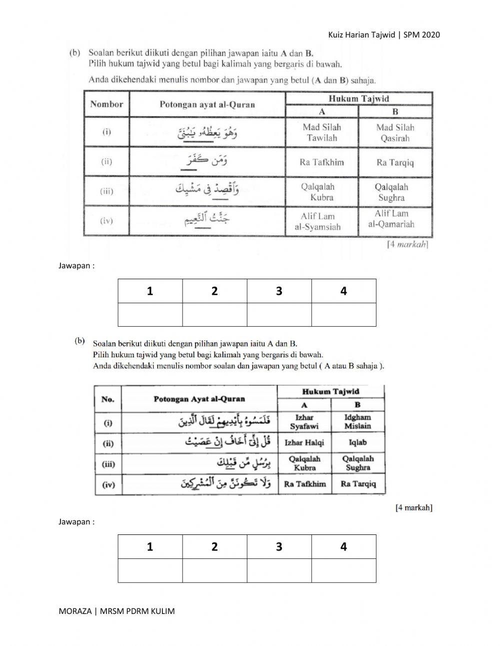Kuiz Tajwid Harian 5 SPM20 worksheet | Live Worksheets