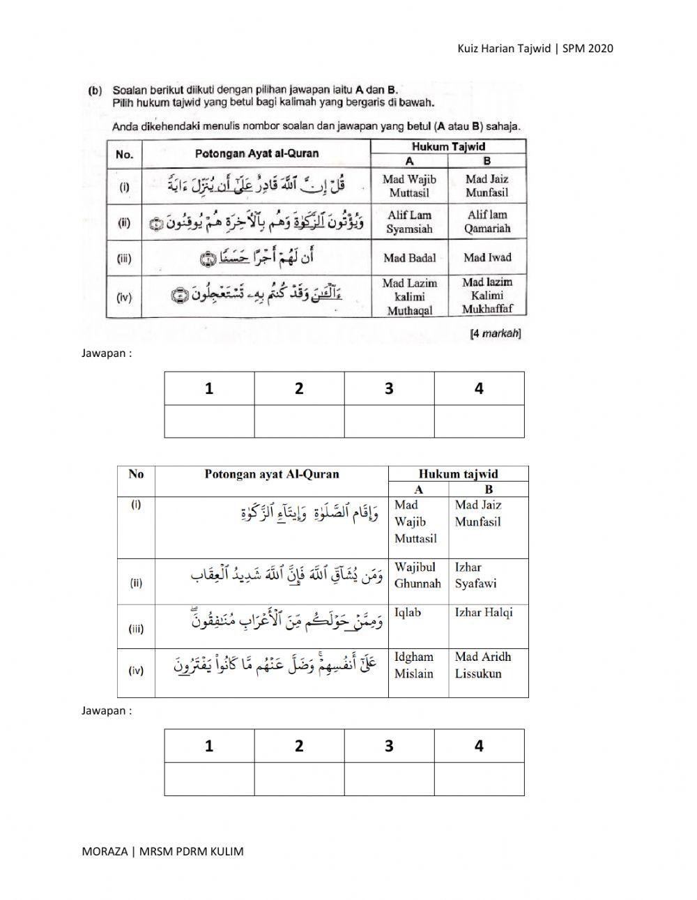 Kuiz Tajwid Harian 7 SPM20 worksheet | Live Worksheets