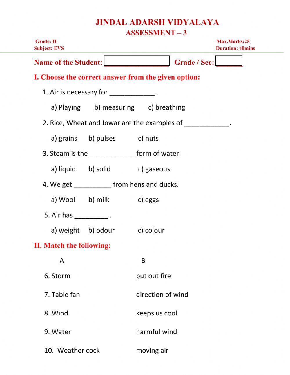 Grade 2 EVS assessment 3 617649 | ujyothi