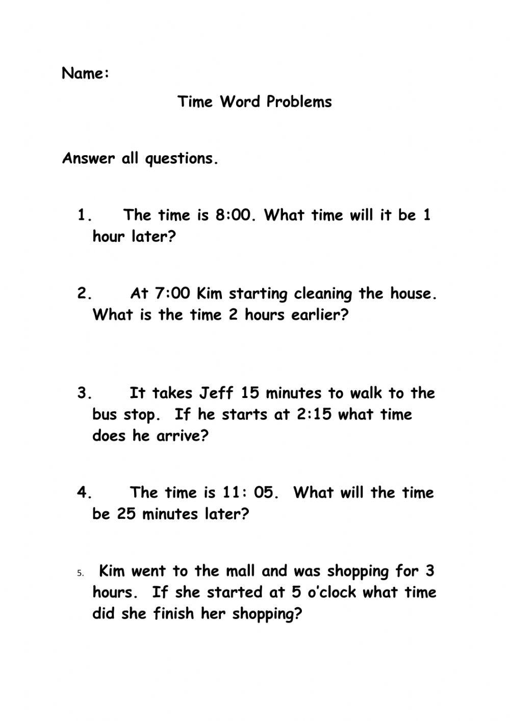 o'clock word problems