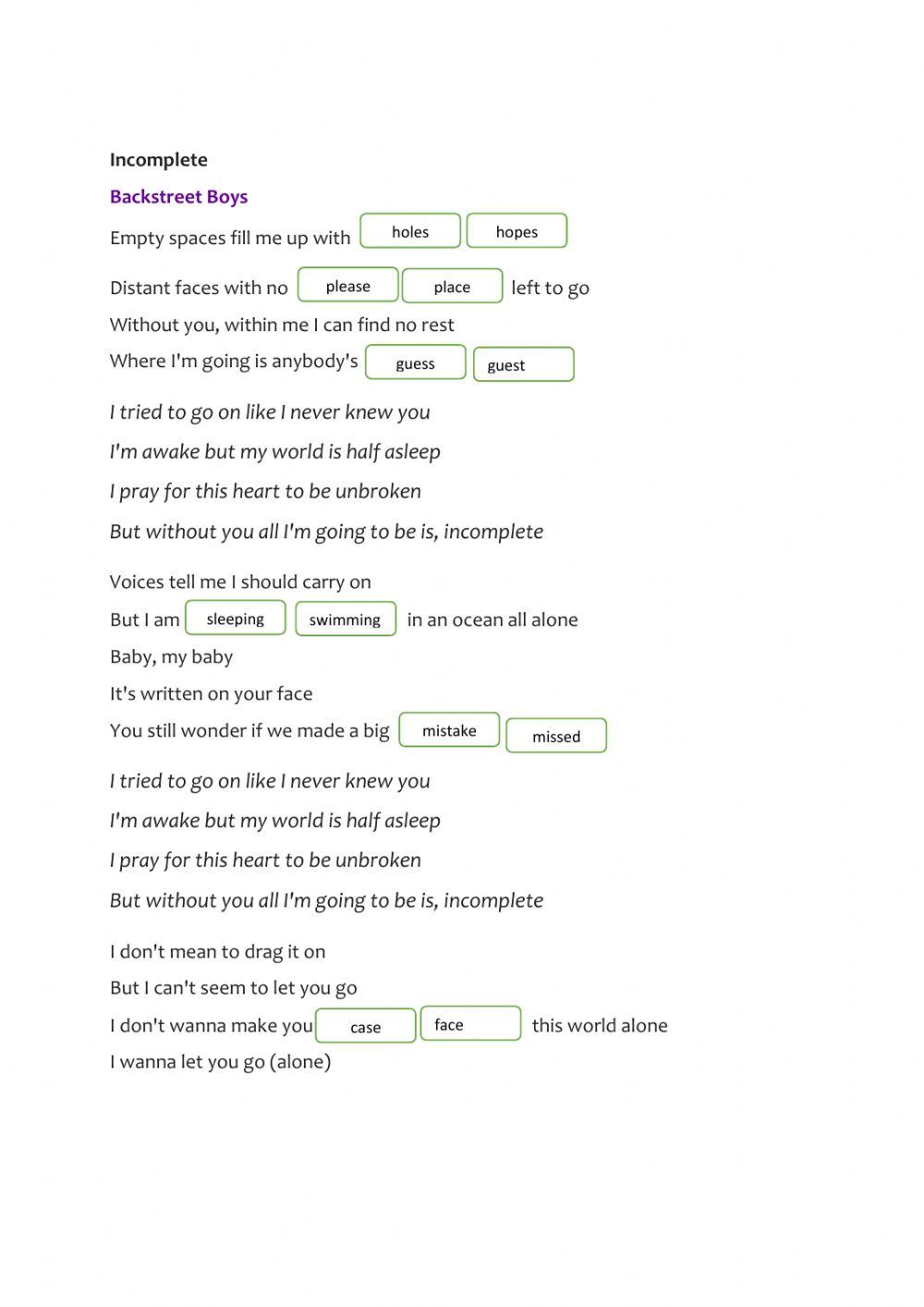 Incomplete Backstreet Boys Lyrics