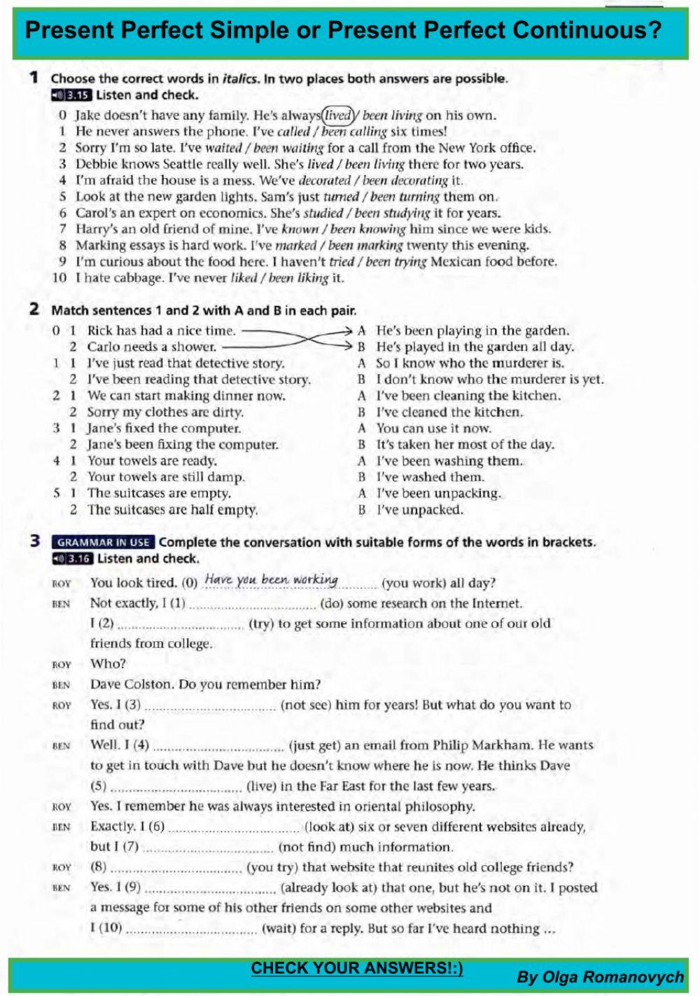 Present Perfect Simple vs Continuous 6362028 | Olga