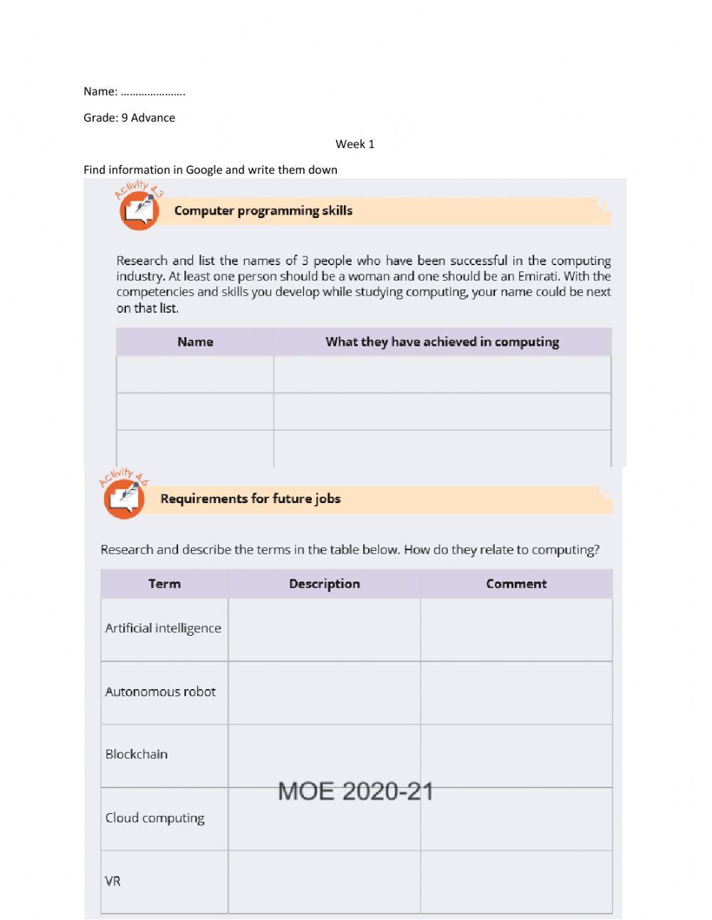9advance wk1 worksheet | Live Worksheets