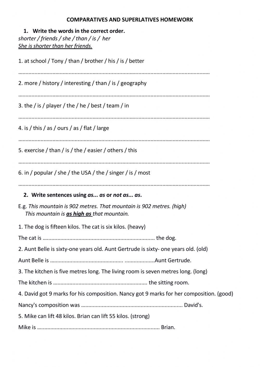 Junior 4 Comparatives and Superlatives Homework 6348384