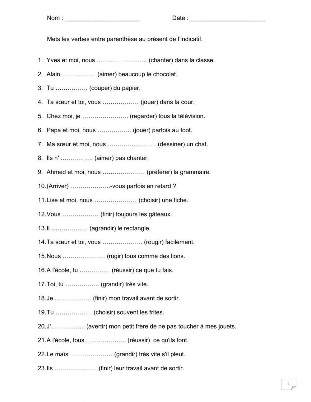 619450 | Exercice sur les verbes au présent | Zeina