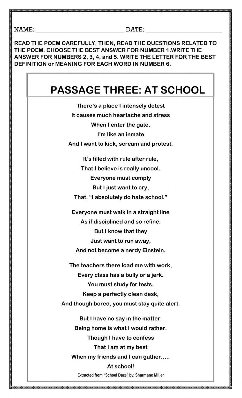 -At School- by: Sharmane Miller online exercise for | Live Worksheets