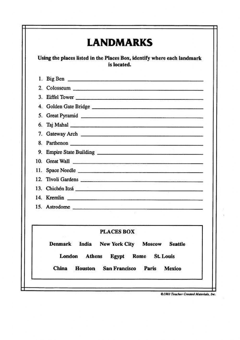 Landmarks | Free Interactive Worksheets | 620856