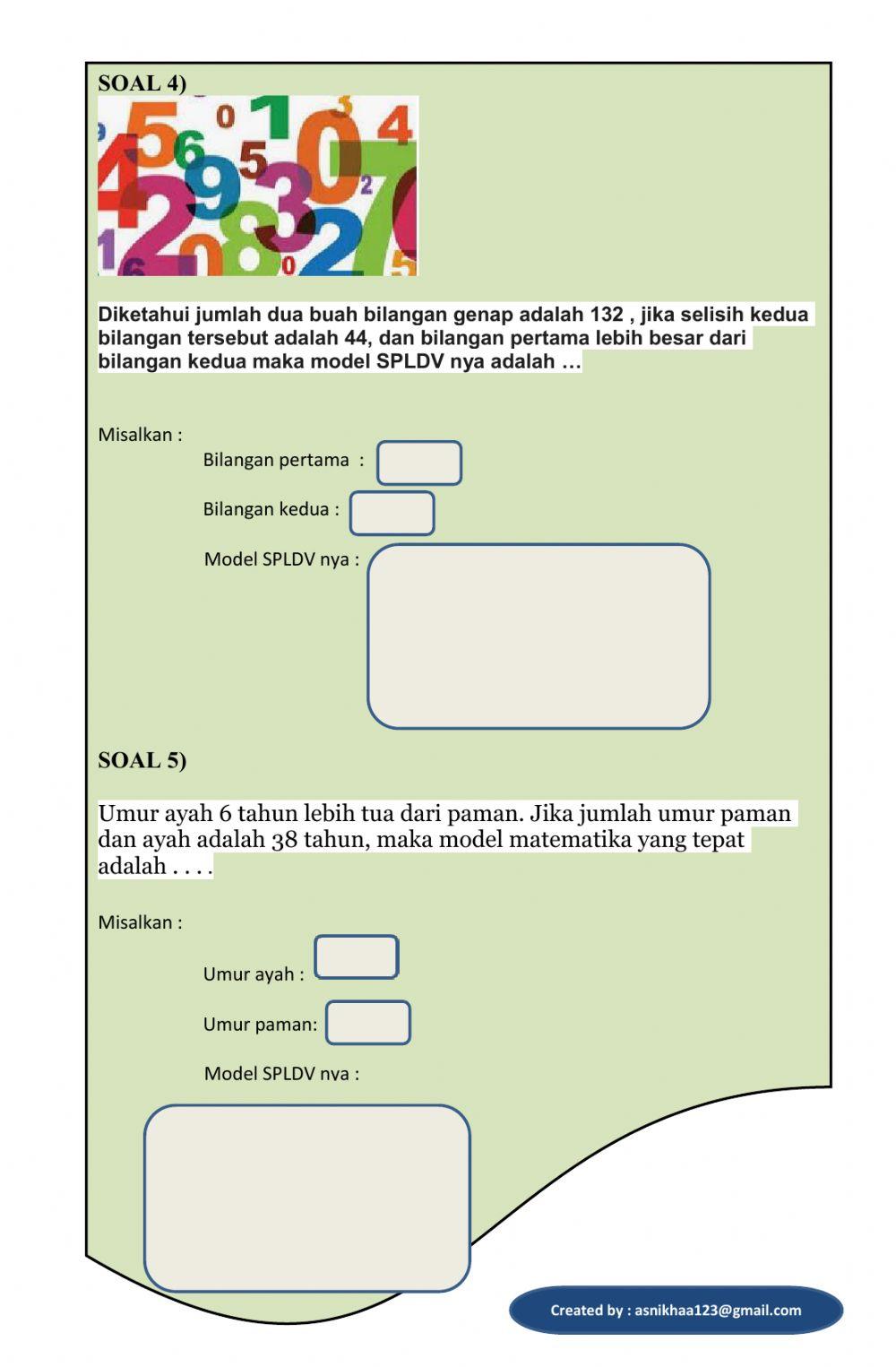 Latihan spldv interactive worksheet | Live Worksheets