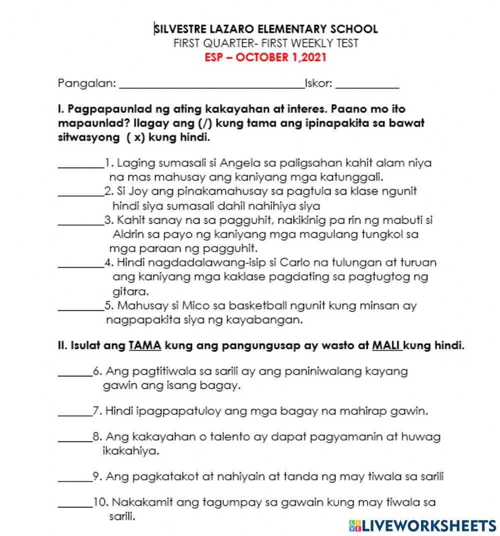 1468694 | Pagtitiwala sa Sarili | Thinx | LiveWorksheets