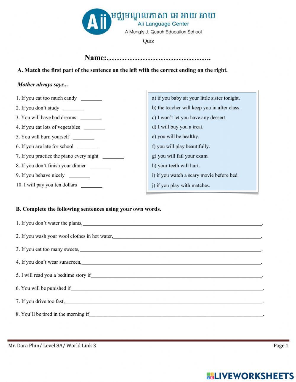 First Conditional online exercise for 8 | Live Worksheets