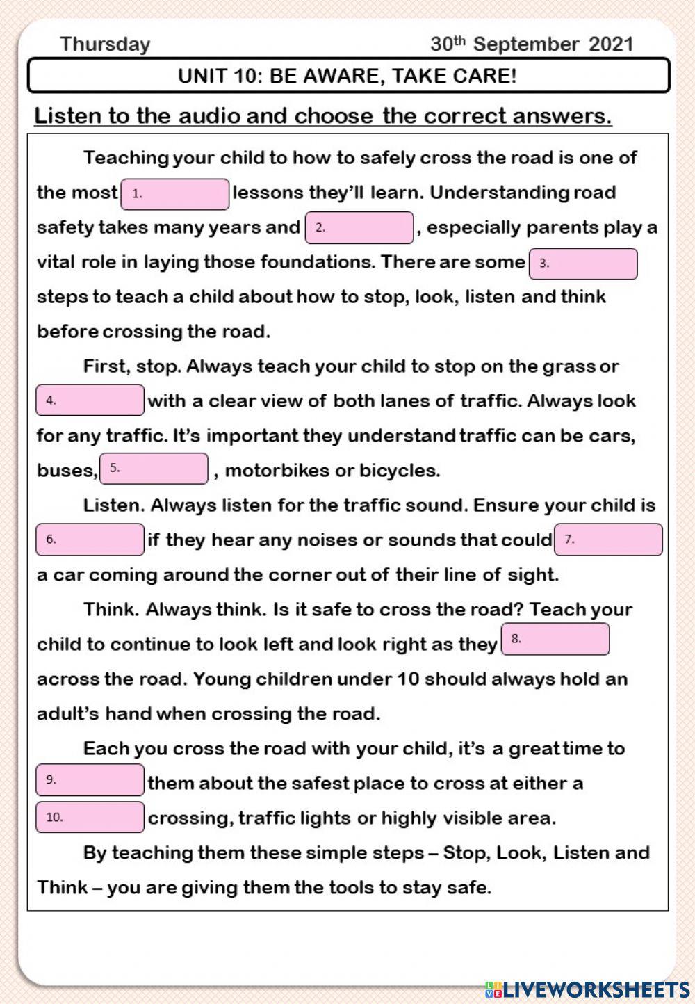 Unit 10: Be Aware, Take Care activity | Live Worksheets