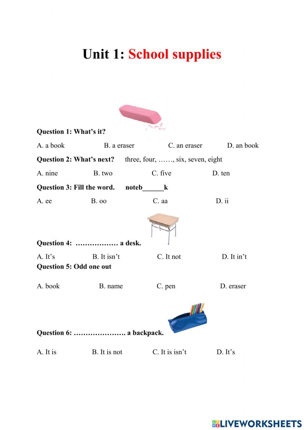 EBU Unit 1 School supplies | tranganh2021 | Live