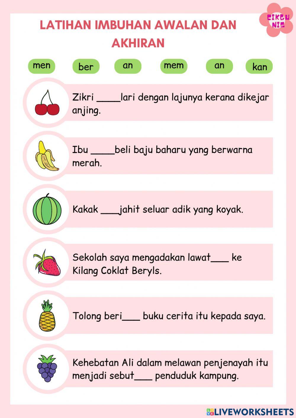 Imbuhan awalan dan akhiran online activity | Live Worksheets