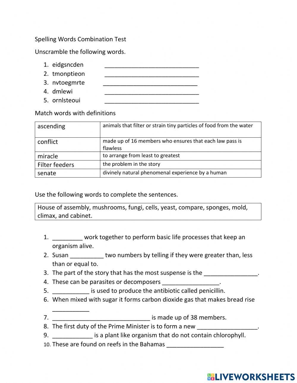 Spelling Words Combinations Test worksheet | Live Worksheets