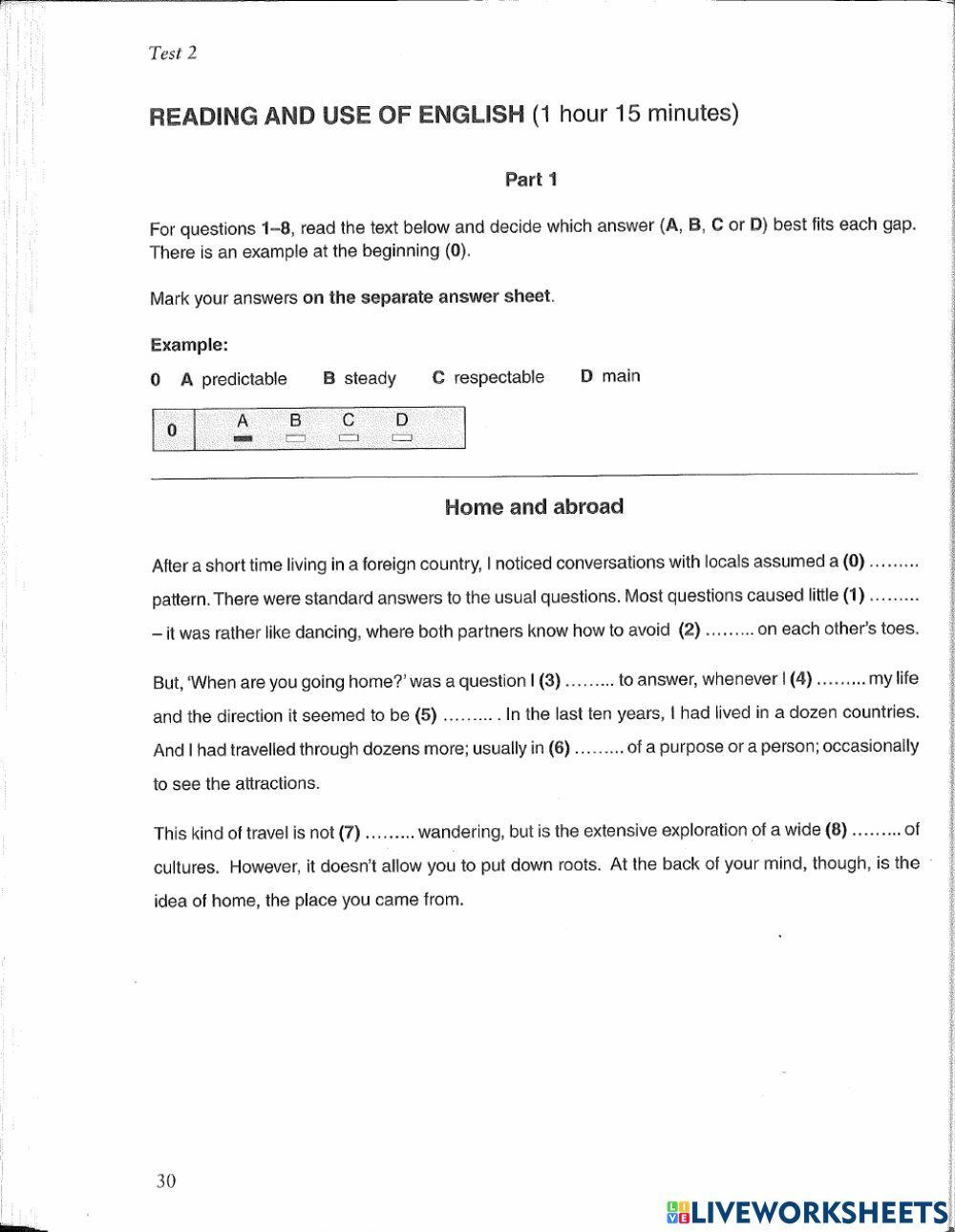 FCE Test 2 UE parts 1 to 4 online exercise for | Live Worksheets