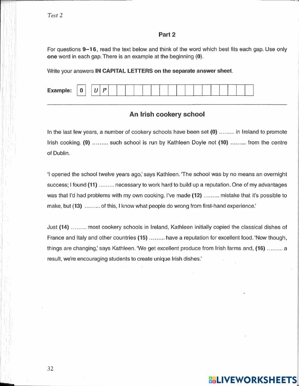 FCE Test 2 UE parts 1 to 4 online exercise for | Live Worksheets