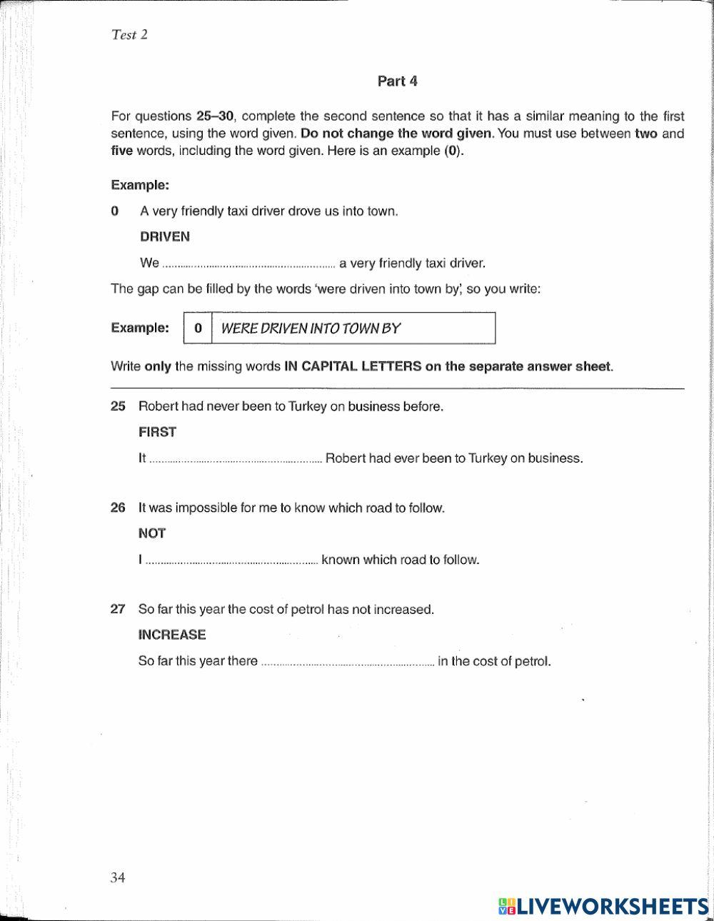 FCE Test 2 UE parts 1 to 4 online exercise for | Live Worksheets