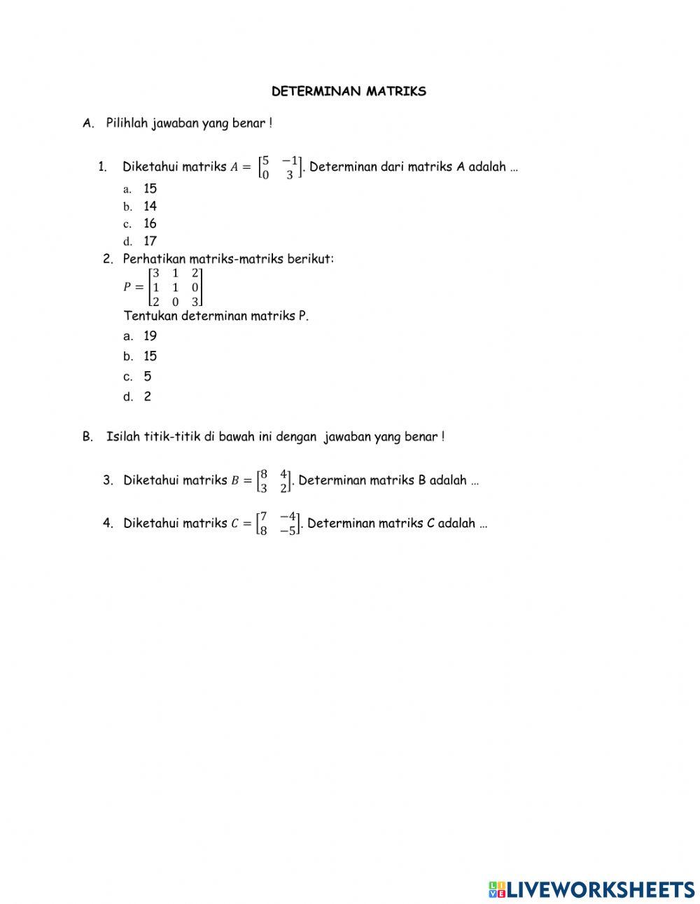 Determinan matriks | Live Worksheets