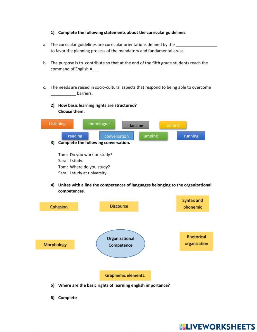 Curricular Guideline, standars and Basic Learning Rights worksheet ...