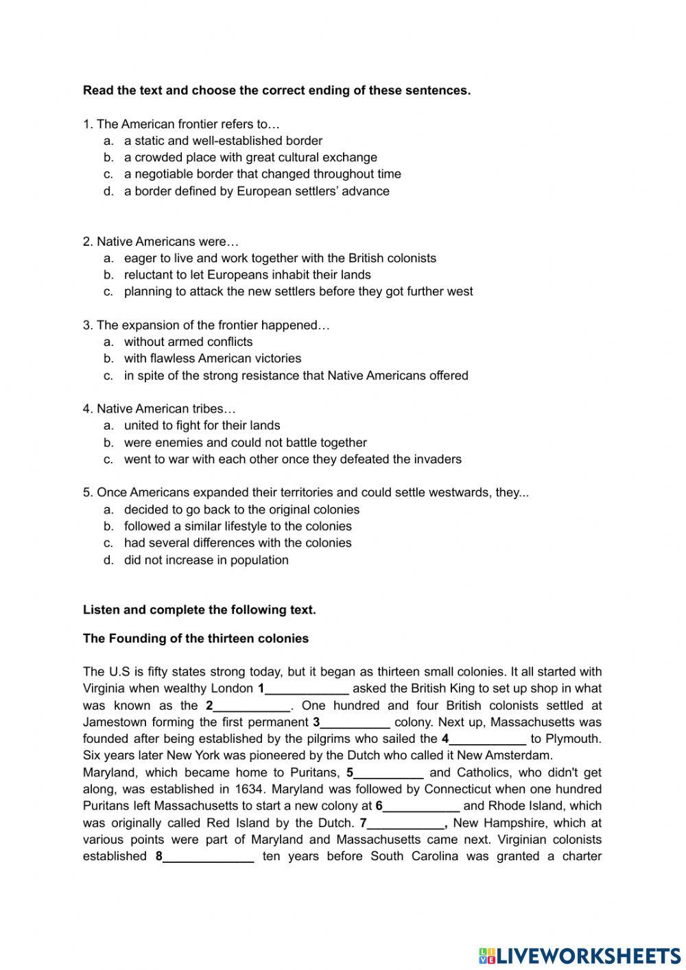 13 colonies worksheet for 2nd grade | Live Worksheets