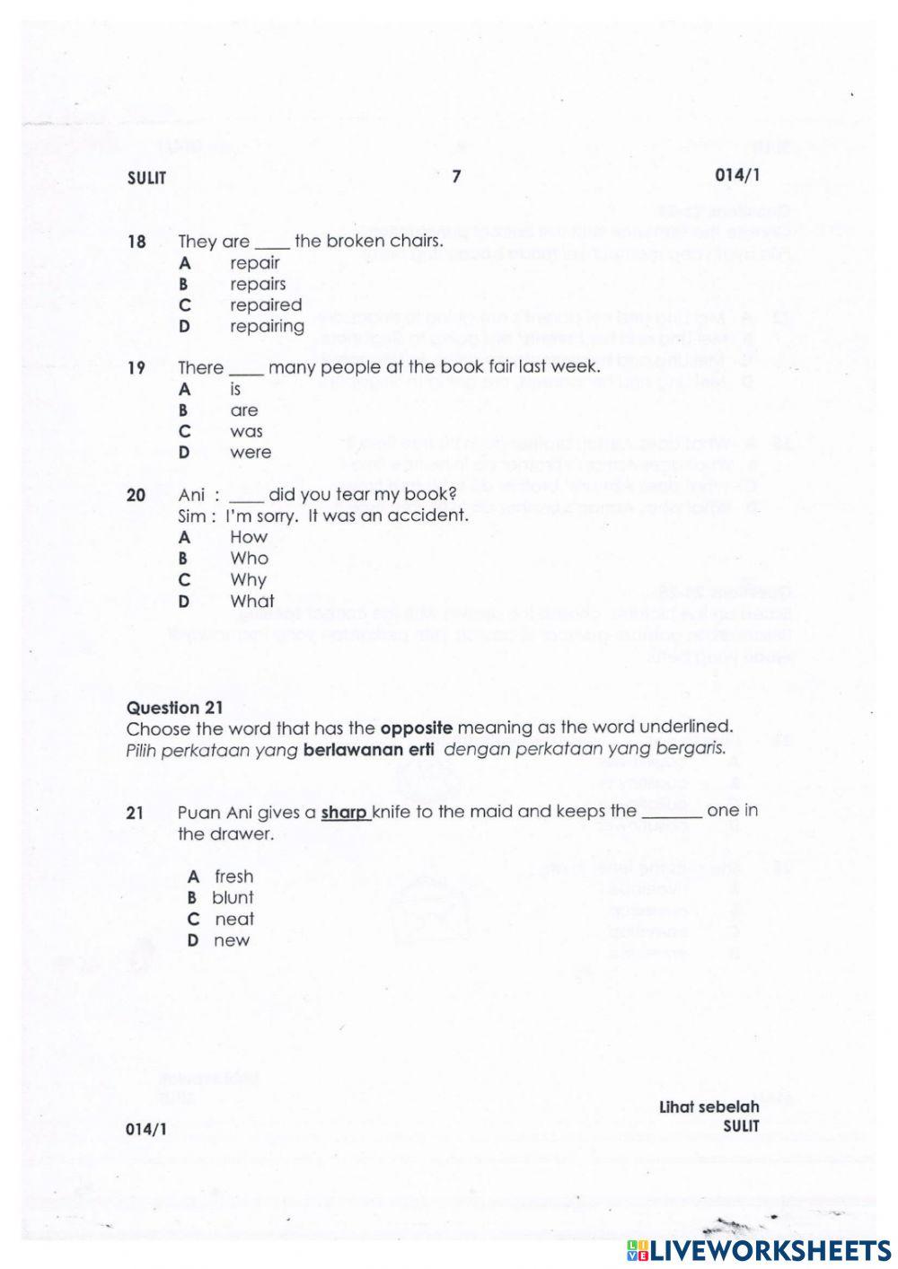 English MCQ 1505331 | zulhelmy_yahaya | Live Worksheets