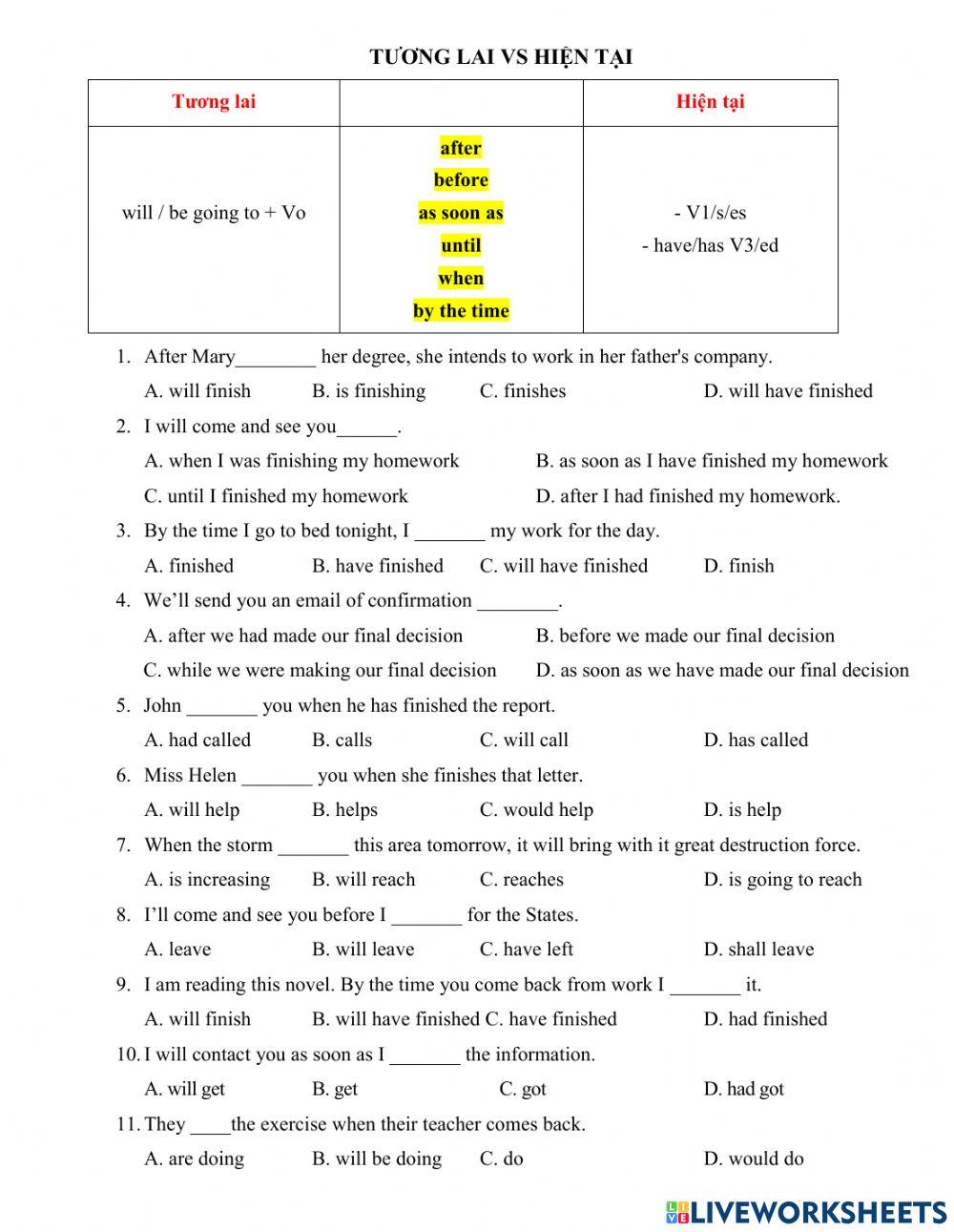 Future simple vs the present worksheet | Live Worksheets