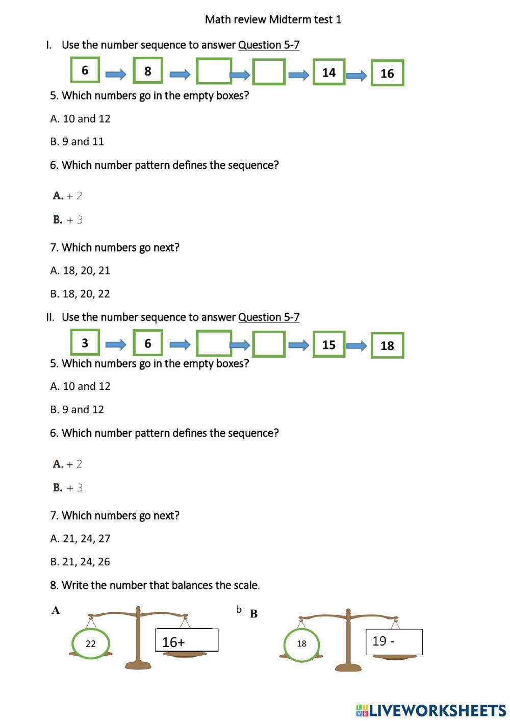 Review Maths Midterm 1 worksheet | Live Worksheets
