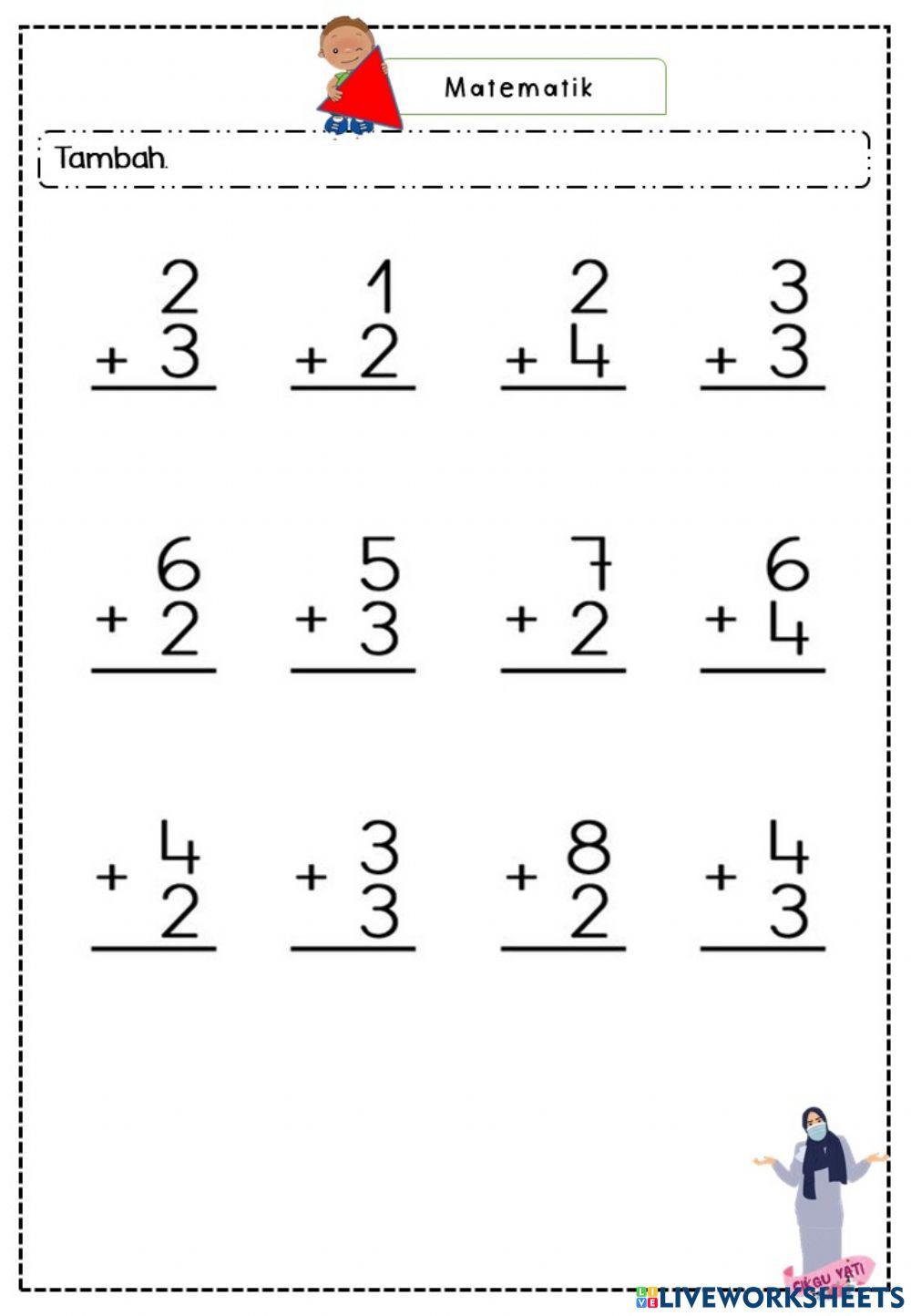 Hasil tambah dalam lingkungan 10 worksheet | Live Worksheets