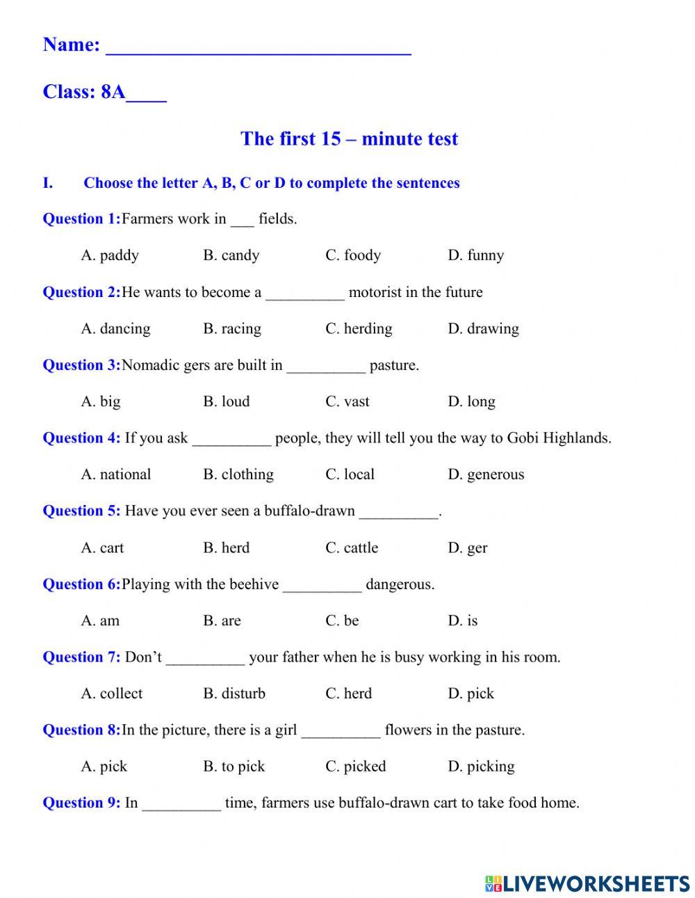 15 - minute test 2 | Bùi Thị Trang | Live Worksheets