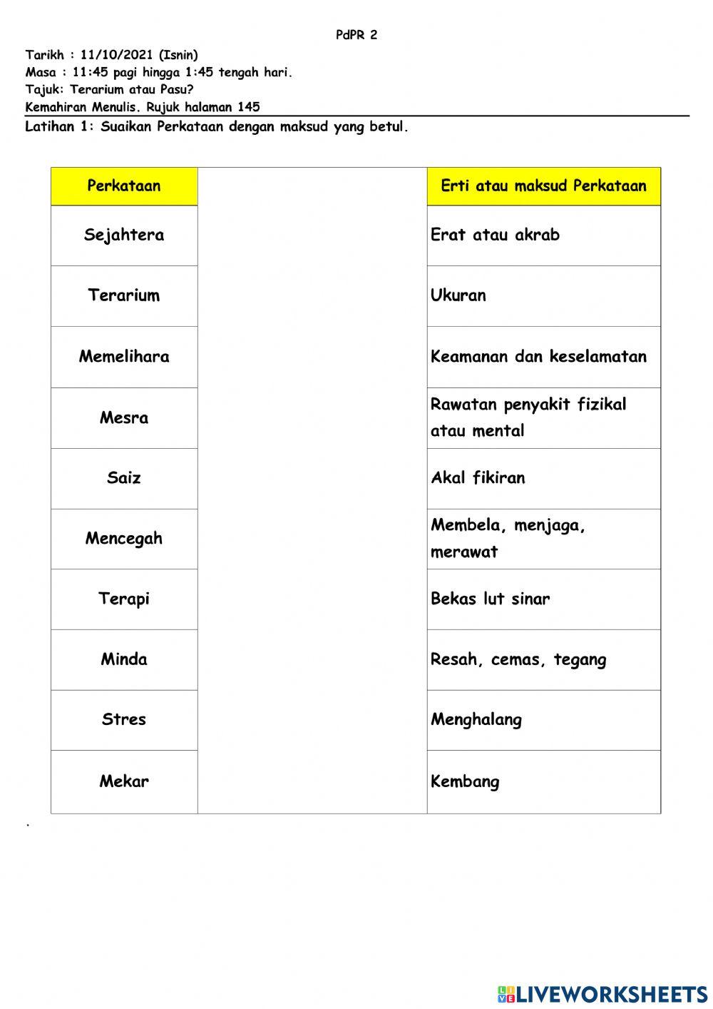 Latihan 1 : Erti Perkataan interactive worksheet | Live Worksheets