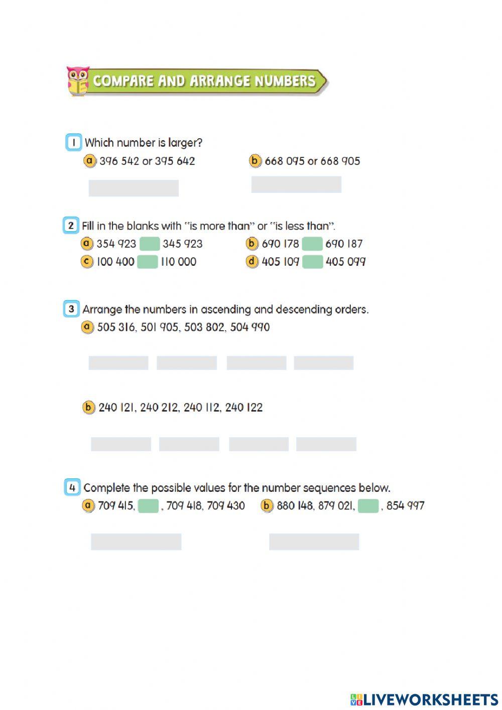 Compare and arrange numbers interactive worksheet | Live Worksheets