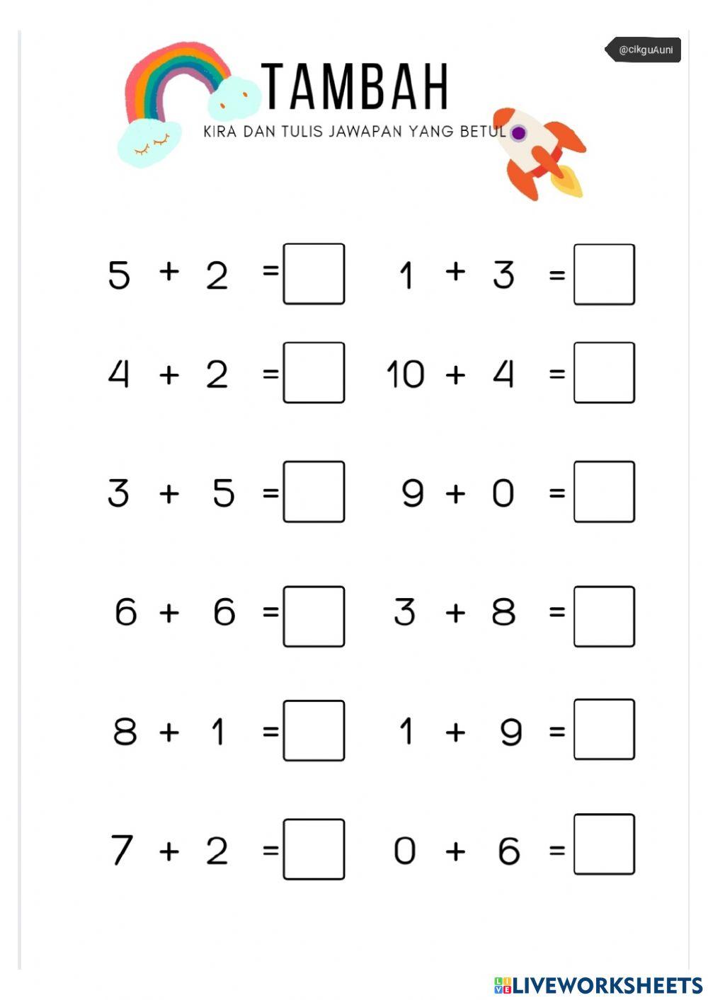 Tambah online exercise for kindergarten | Live Worksheets