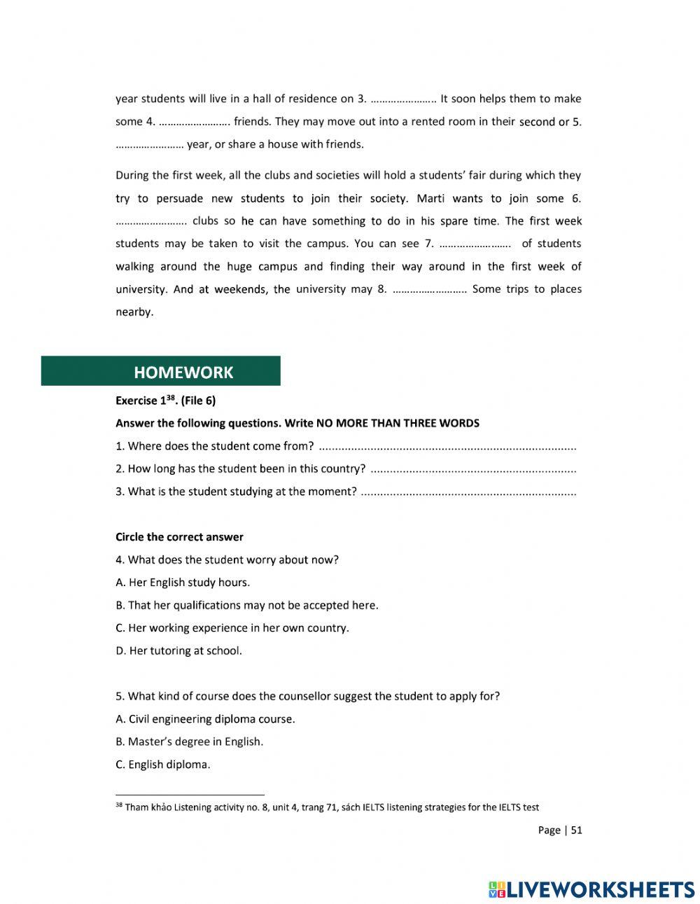 Homework listening unit6 worksheet | Live Worksheets