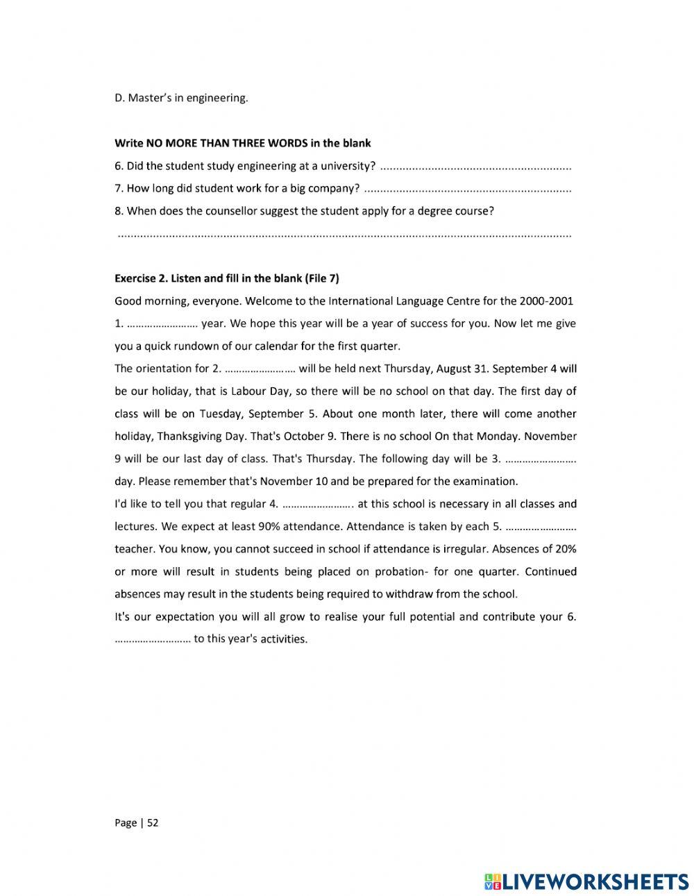 Homework listening unit6 worksheet | Live Worksheets