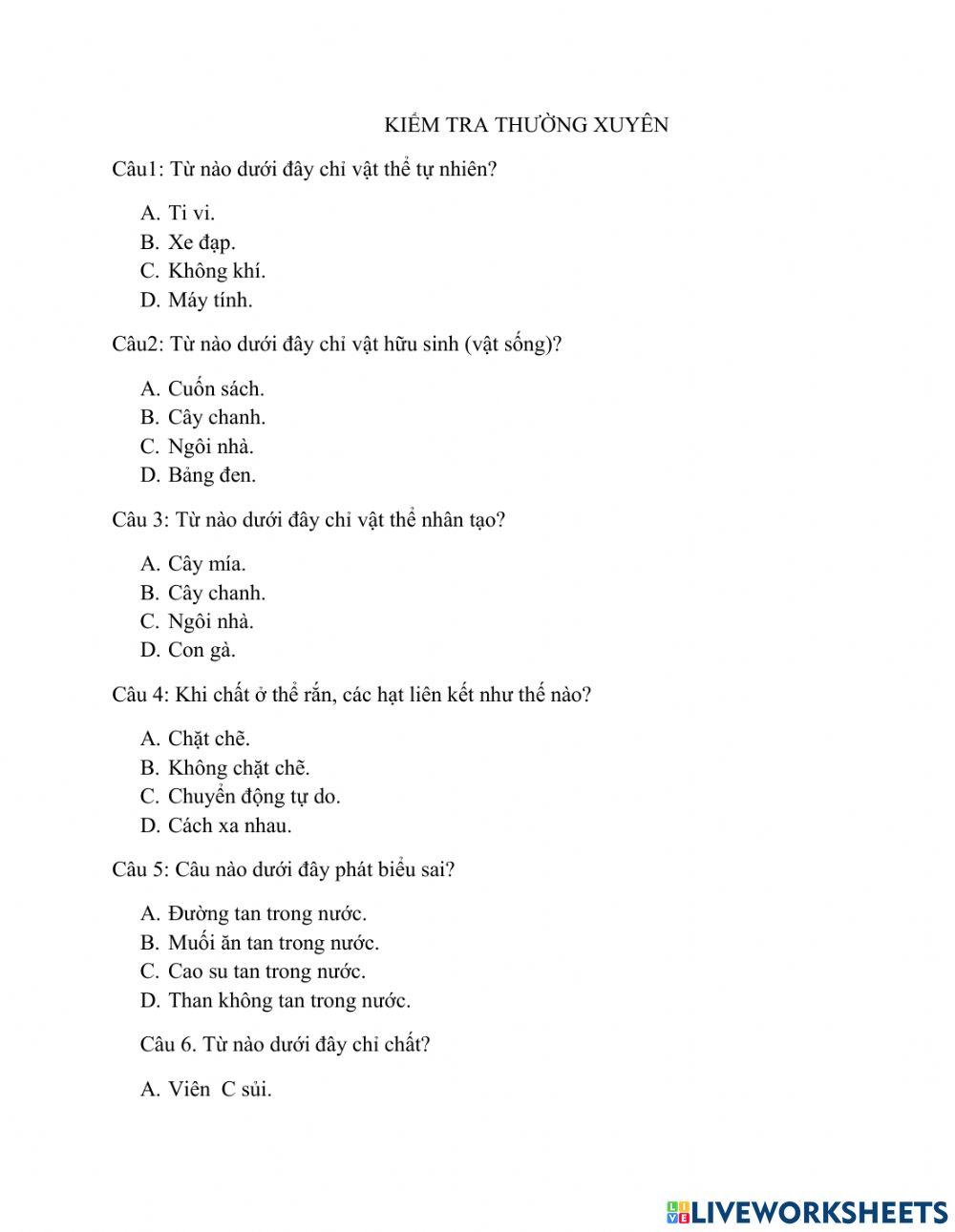 Kttx môn khtn 6 worksheet | Live Worksheets