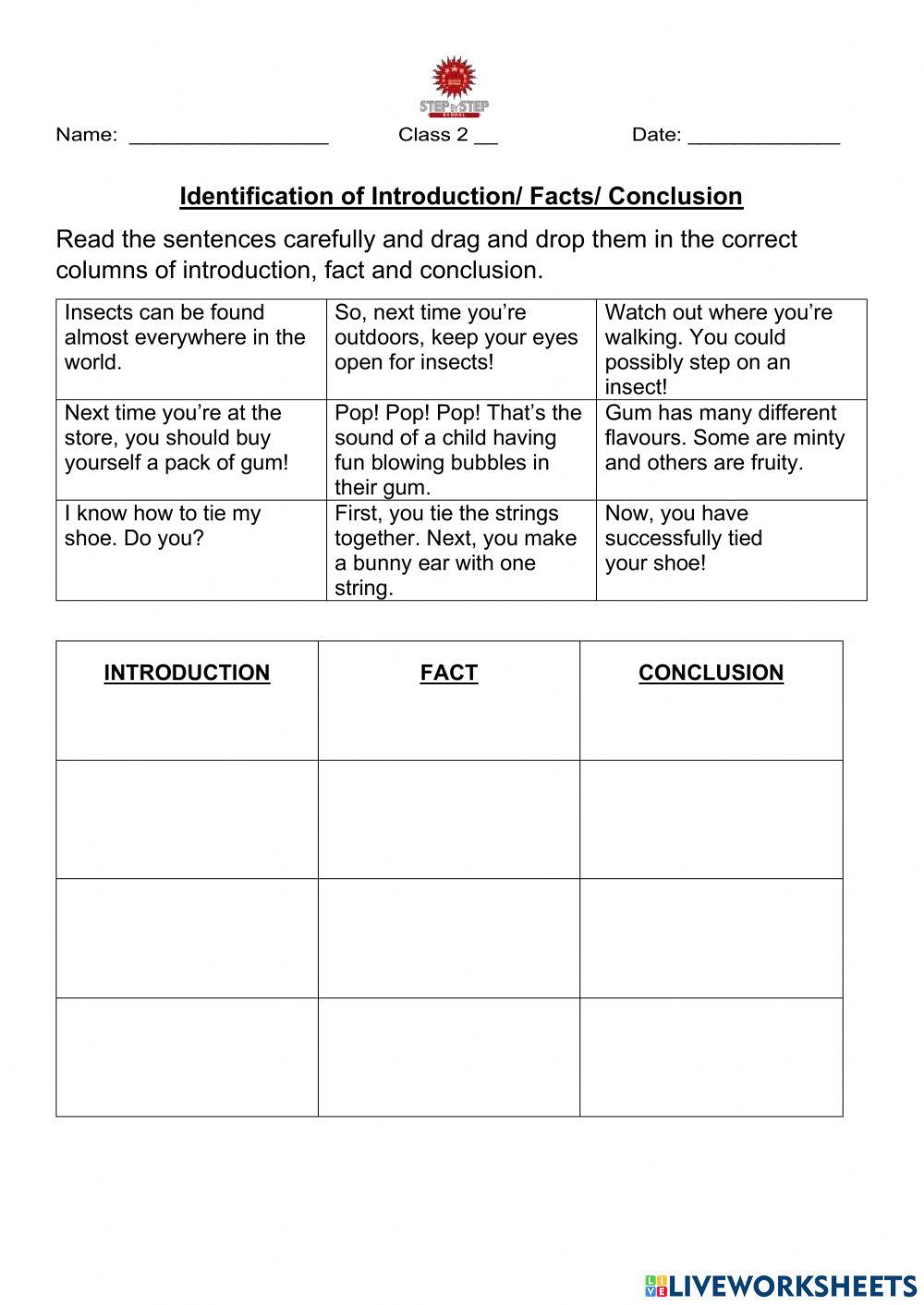 Identification of introduction fact and conclusion worksheet | Live ...