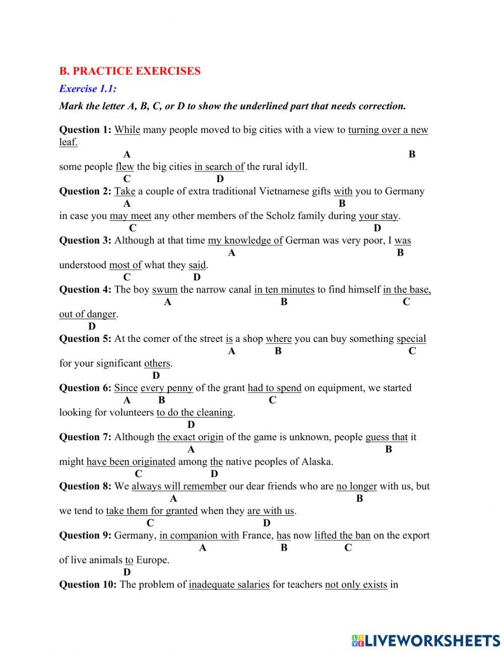 Practice exercises- grade 9correct the mistake worksheet | Live Worksheets