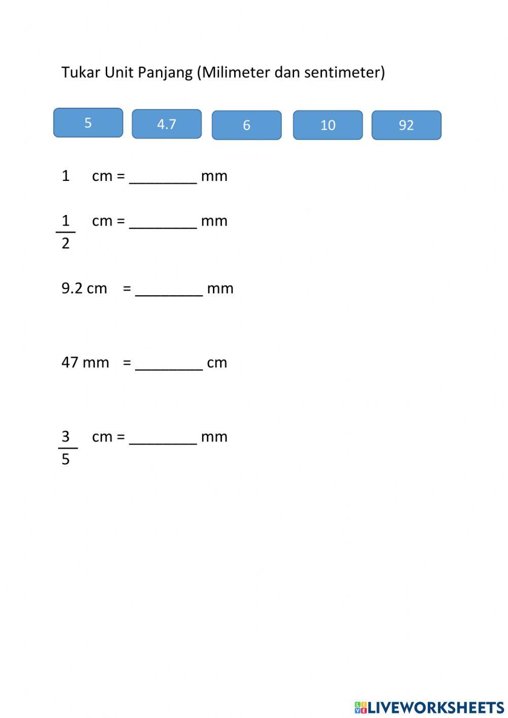 Tukar Unit Panjang (mm dan cm) worksheet | Live Worksheets