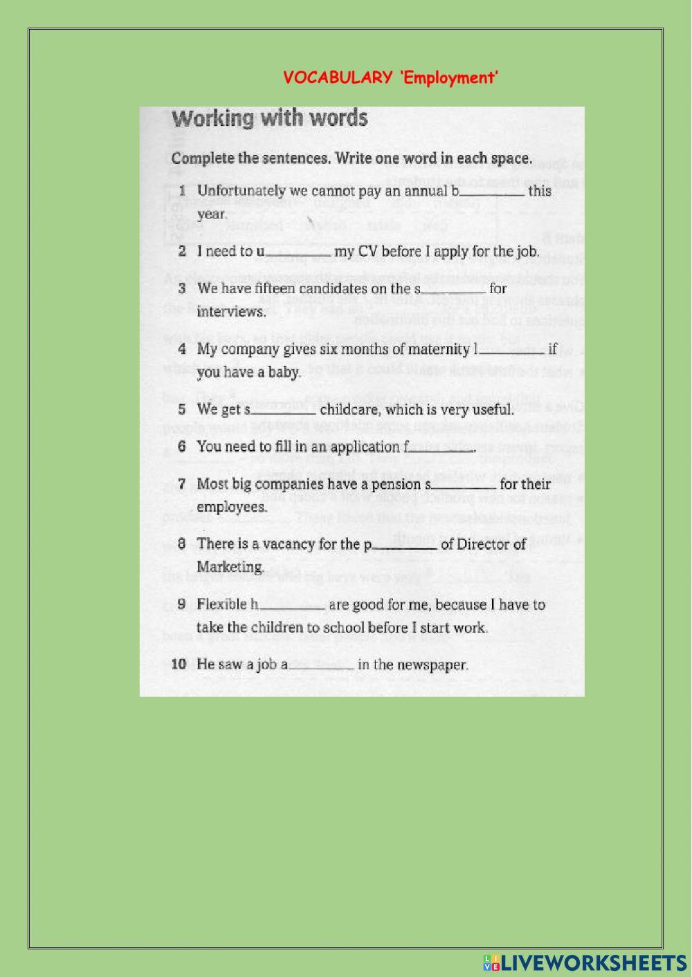 Employment BR pre worksheet | Live Worksheets