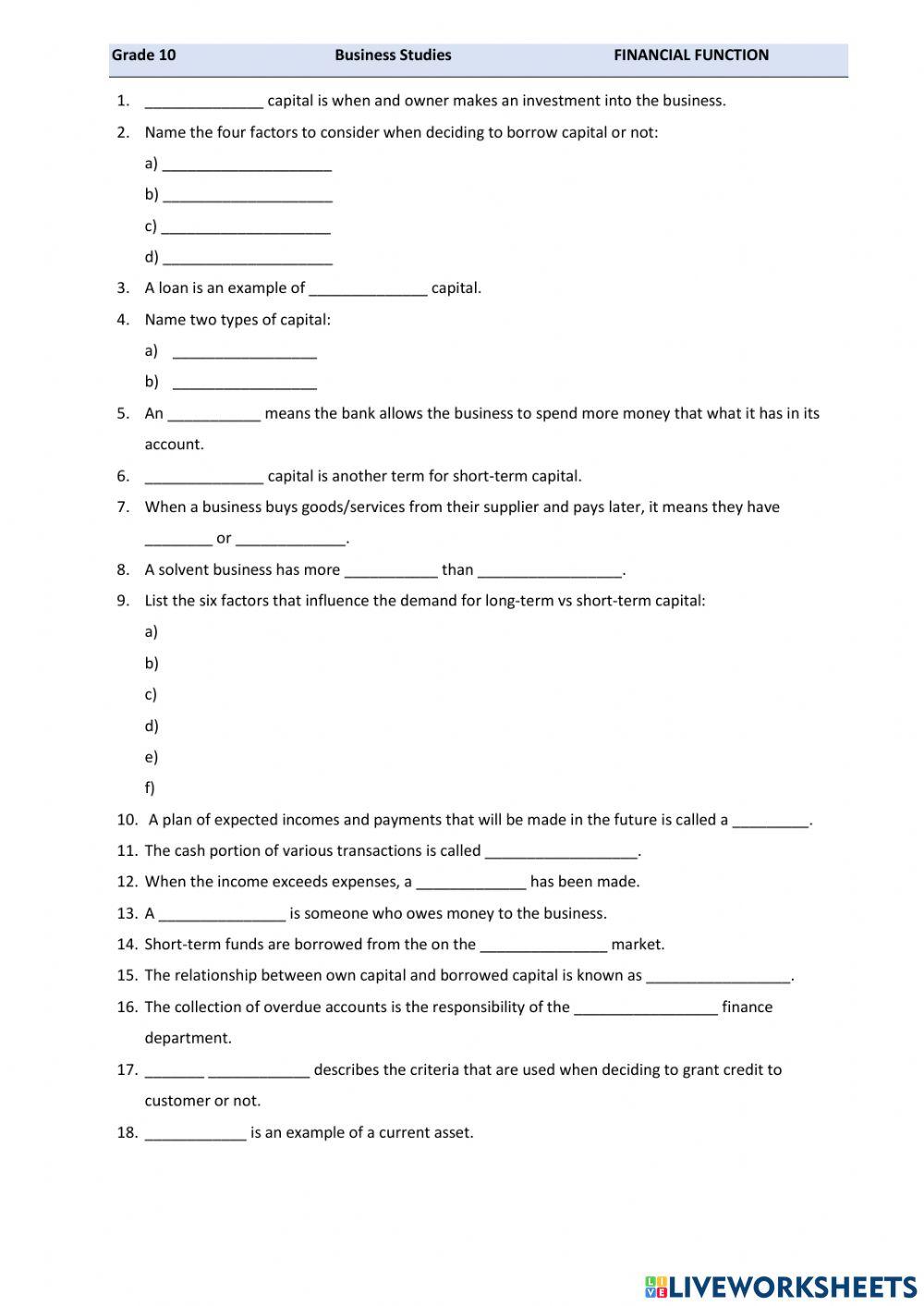 Financial Funct… | Free Interactive Worksheets | 1511206