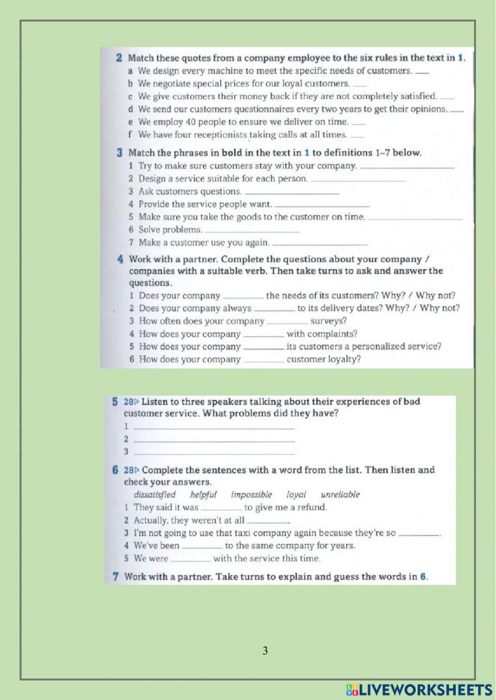 Customer service BR pre worksheet | Live Worksheets