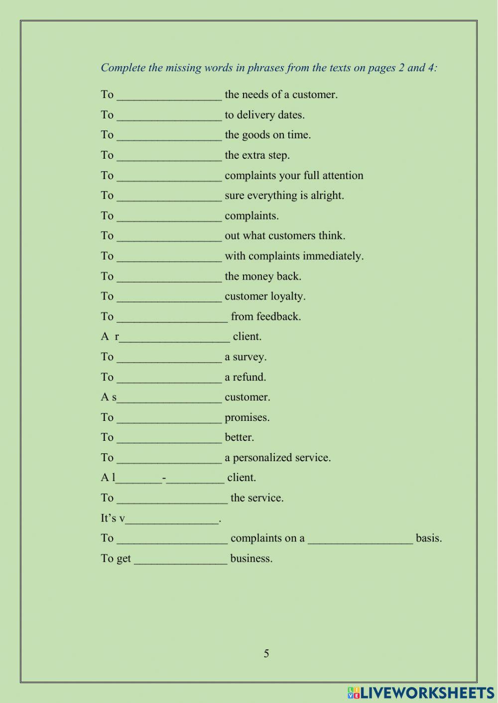 Customer service BR pre worksheet | Live Worksheets