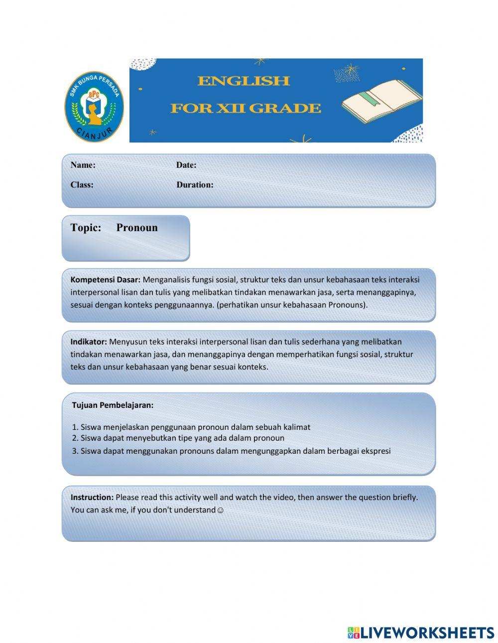 pronoun online activity for grade 12 | Live Worksheets