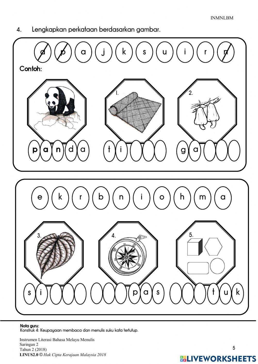 Bahagian 1 - instrumen menulis LITERASI tahun 2 2018 worksheet | Live ...