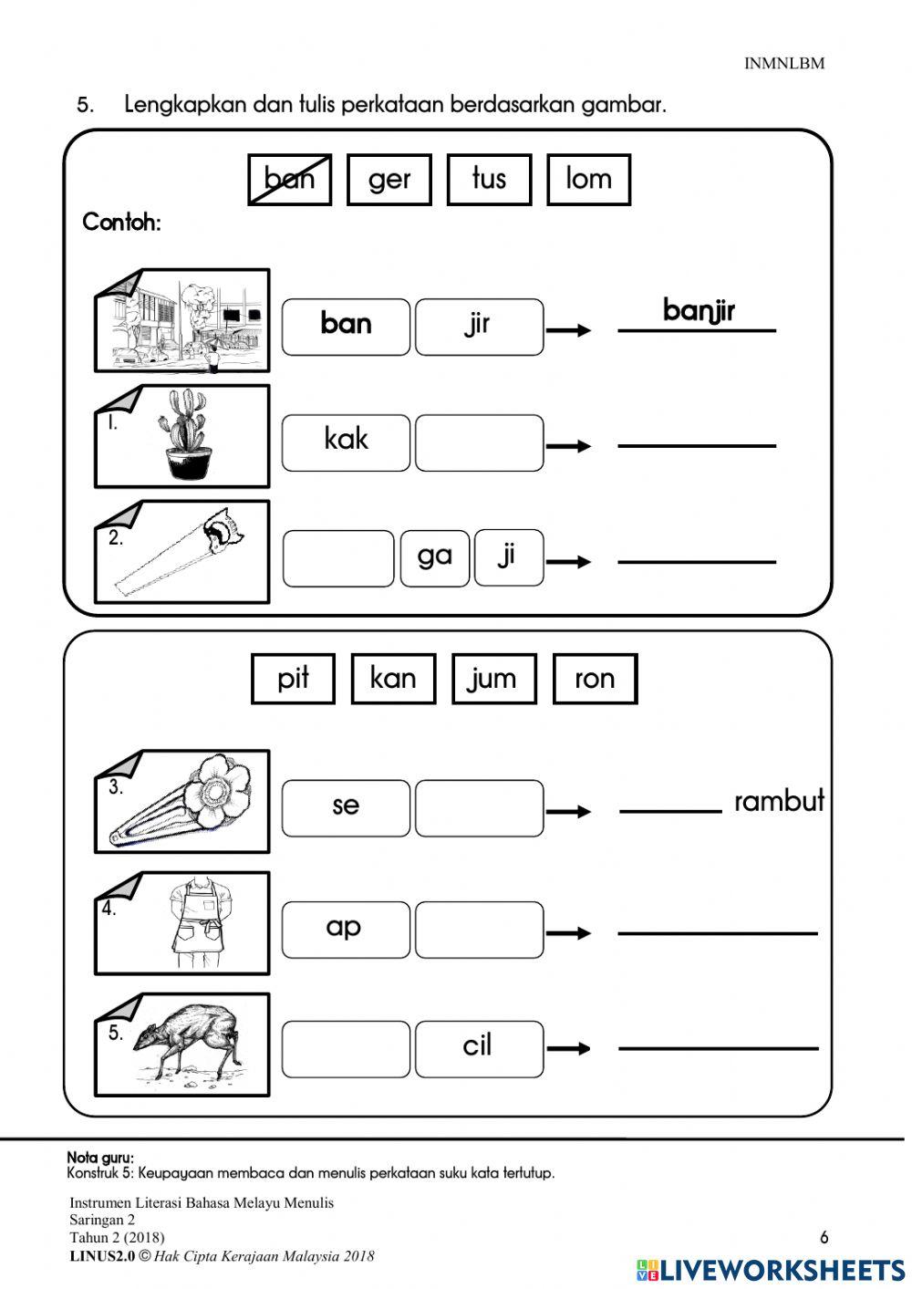 Bahagian 1 - instrumen menulis LITERASI tahun 2 2018 worksheet | Live ...