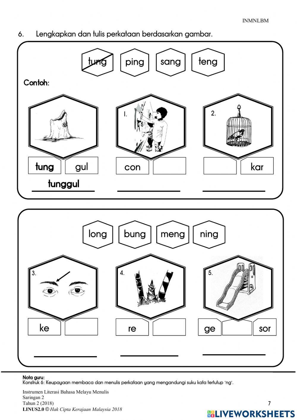 Bahagian 1 - instrumen menulis LITERASI tahun 2 2018 worksheet | Live ...