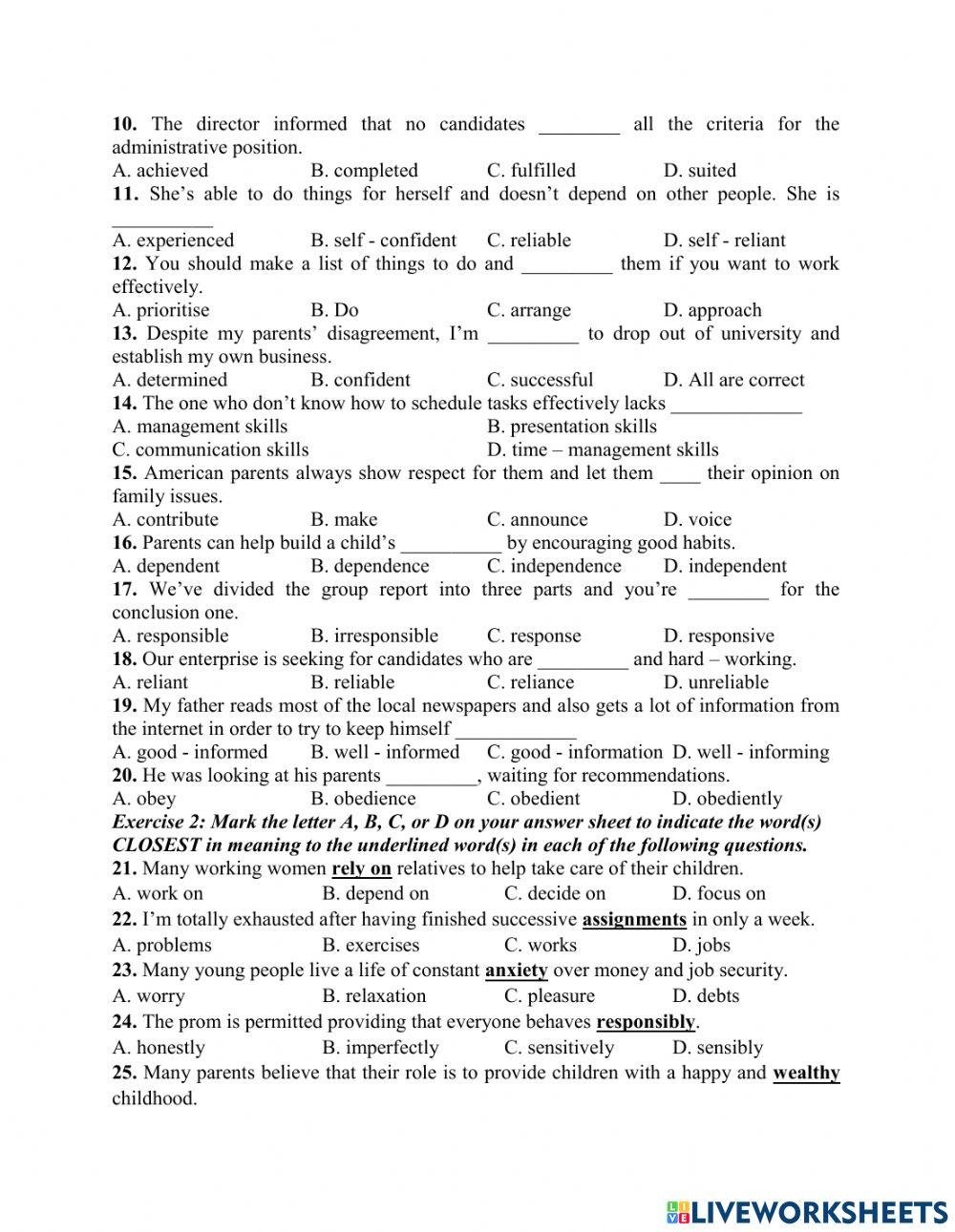 E11 - unit 3 - vocabulary worksheet | Live Worksheets